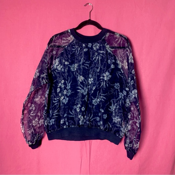 Zara | Tops | Zara Sheer Sleeve Blue Top With White Flower Patterns ...